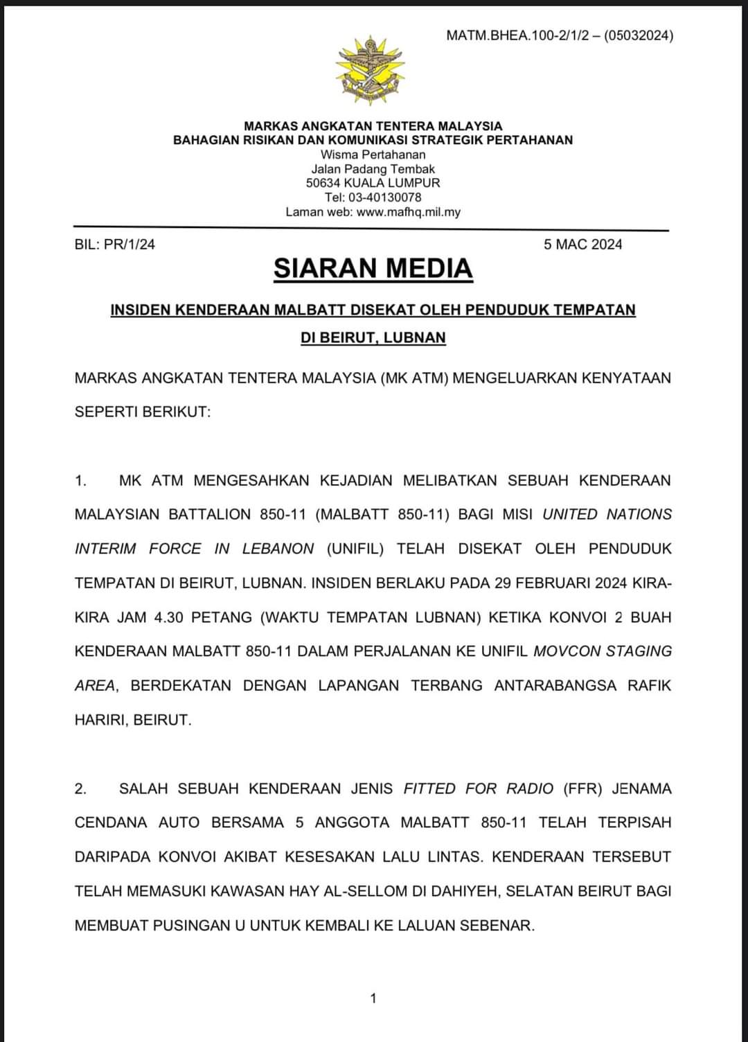 Media Release - MALBATT 850-11 Confrontation in Beirut, Lebanon - MY ...